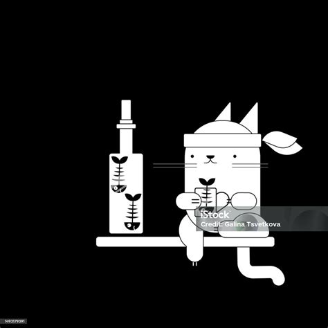 재미있는 간단한 만화 흑백 고양이와 와인 병입니다 스티커에 대한 벡터 그림 로봇에 대한 스톡 벡터 아트 및 기타 이미지 로봇 강철 개념 Istock