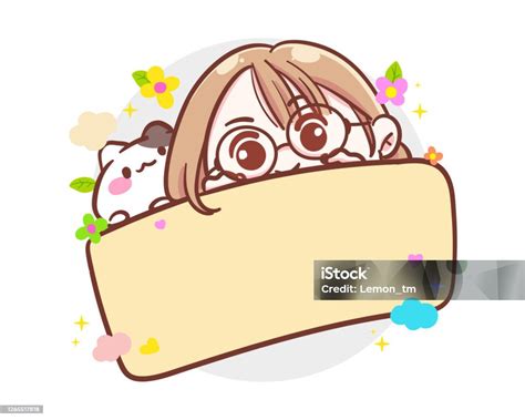 귀여운 소녀와 종이 템플릿흰색 배경에 고립 된 빈 보드 또는 빈 배너를 들고 귀여운 소녀와 어린 고양이의 캐릭터 간판에 대한