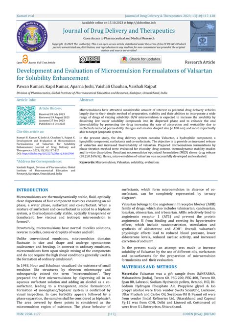 Pdf Development And Evaluation Of Microemulsion Formualatons Of Valsartan For Solubility