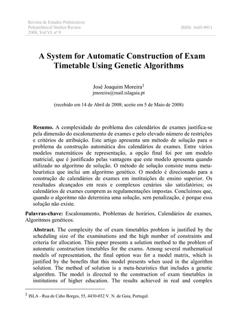Pdf A System For Automatic Construction Of Exam Timetable Using Genetic Algorithms