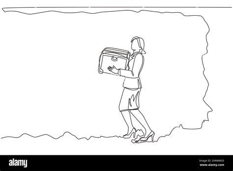 Continuous One Line Drawing Businesswoman Carrying Treasure Chest From Underground Treasure