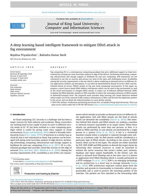 Pdf A Deep Learning Based Intelligent Framework To Mitigate Ddos Attack In Fog Environment