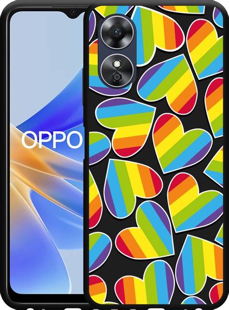 Cazy Hoesje Zwart Geschikt Voor Oppo A17 Regenboog Hartjes