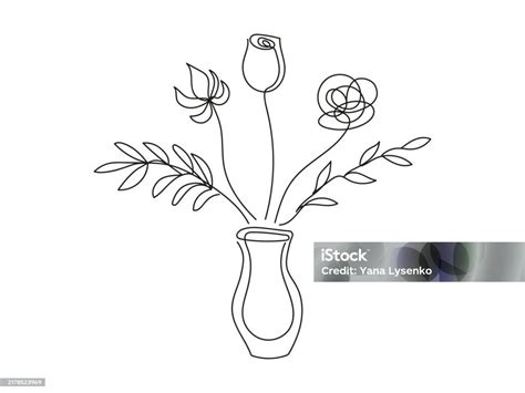 꽃병에 있는 튤립과 장미를 가진 미니멀리스트 꽃 그림 흰 배경에 고립 된 꽃다발 연속적인 한 줄의 그리기 손으로 그린 식물 라인 아트 가정 장식 요소 0명에 대한 스톡 벡터