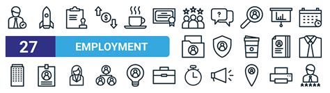 직원 로켓 계약 질문 방패 식별 스톱워치 웹 디자인 모바일 앱을위한 직원 벡터 얇은 선 아이콘과 같은 27 개의 개요 웹 고용 아이콘 세트 계약서에 대한 스톡 벡터 아트 및