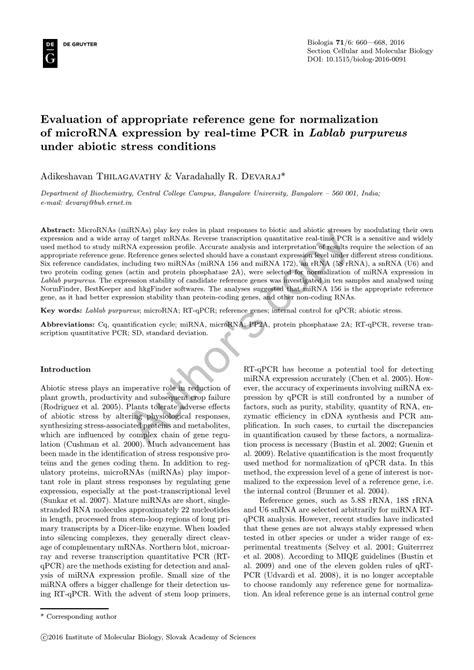 Pdf Evaluation Of Appropriate Reference Gene For Normalization Of Microrna Expression By Real