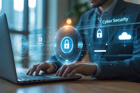 Businessman Securing Data With Cyber Security Technology Interface On Laptop Computer Stock