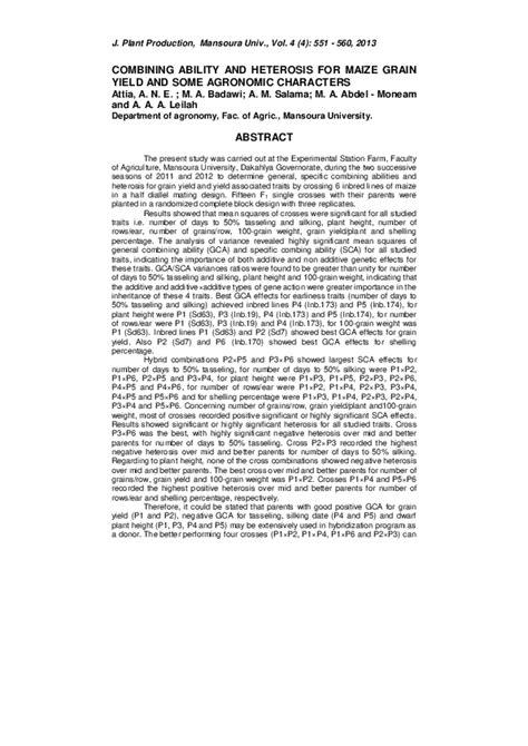 Pdf Combining Ability And Heterosis For Maize Grain Yield And Some Agronomic Characters