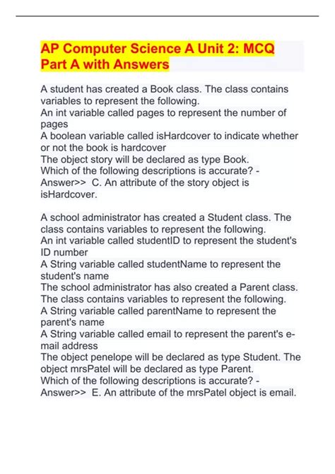 ap computer science a unit 2 mcq part a with answers ap computer