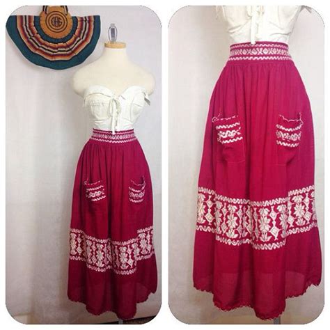 Vintage 1940s Mexican Peasant Skirt Wine With White Design Etsy