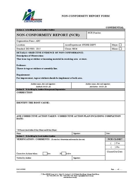O9 Workshop4 Non Conformity Report Form 1 Pdf