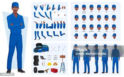정비사 엔지니어 캐릭터 생성 및 애니메이션 팩 블랙 메카닉 캐릭터 제스처 립싱크 표현 및 다양한 도구 기계공에 대한 스톡 벡터 아트 및 기타 이미지 Istock