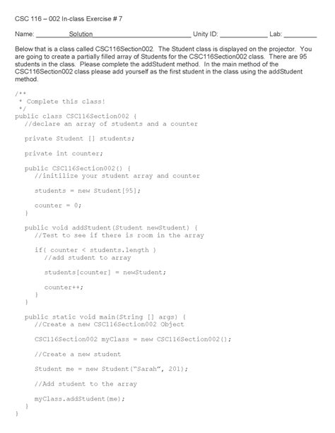 Introduction To Computing Java Assignment 7 Solutions Csc 116 Docsity