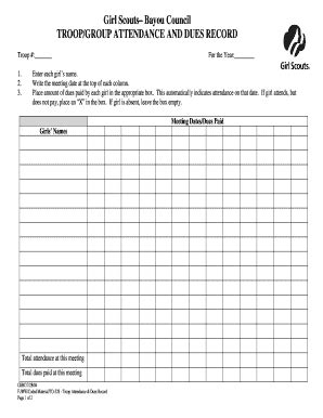 2004 2026 Form La Girl Scouts Troop Group Attendance And Dues Record