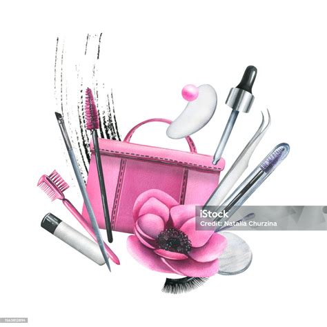 크림 브러쉬 메이크업 제품이 있는 화장품 가방에는 꽃이 만발한 분홍색이 있습니다 수채화 그림 손으로 그린 미용실 화장품 제조업체흰색 배경에 격리된 구성 0명에 대한 스톡