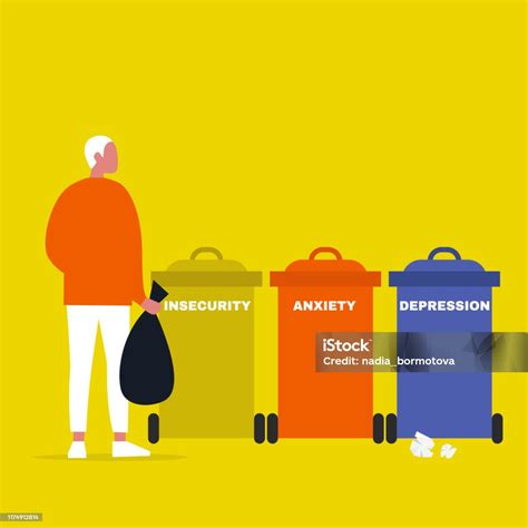 정신 건강 불안 우울증 불안 폐기물을 분리하는 젊은 캐릭터 심리적 문제를 제거 재활용 용기 개념 적 그림입니다 밀레니얼 세대의 라이프스타일 개념에 대한 스톡 벡터 아트 및