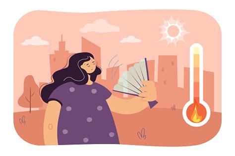 더운 날씨에 선풍기를 들고 땀을 흘리는 여자 벡터 일러스트레이션 사람들에 대한 스톡 벡터 아트 및 기타 이미지 사람들 폭염 개념 Istock