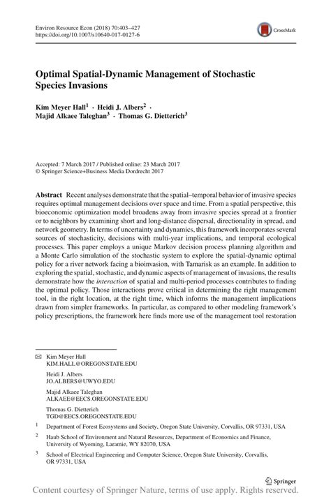Optimal Spatial Dynamic Management Of Stochastic Species Invasions Request Pdf