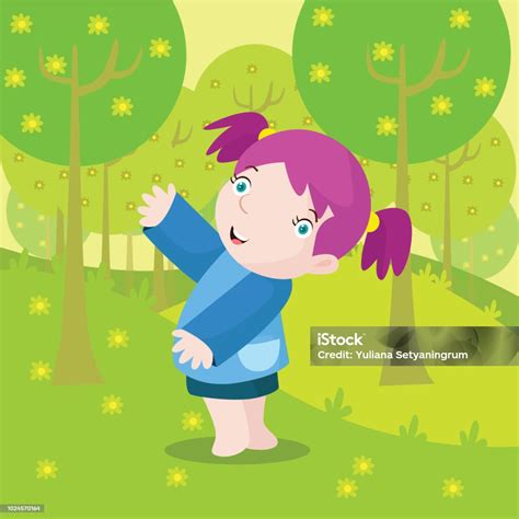 귀여운 꼬마 땋은 머리 여자 행복 보이는 쾌활 한 서 고 녹색 숲에서 포즈 만화 캐릭터 경관에 대한 스톡 벡터 아트 및 기타 이미지 경관 귀여운 나무 Istock