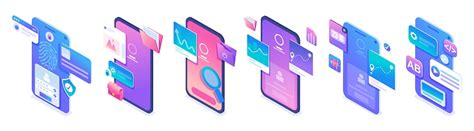 휴대 전화에 대한 응용 프로그램의 아이소메트릭 유형을 설정 아이콘의 사용 웹 사이트 및 모바일 앱 개발용 개발에 대한 스톡 벡터 아트 및 기타 이미지 Istock