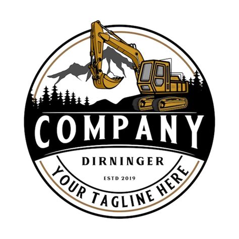 굴착기 벡터 로고 디자인 산과 숲 굴삭기 개념 중장비 건설용 프리미엄 벡터