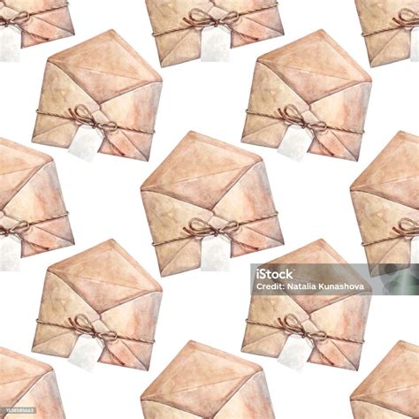 매끄러운 패턴 수채화 물감은 흰색 배경에 태그가 있는 열린 우편 봉투를 비운다 카드 엽서 또는 축하 초대장과 편지를 위한 베이지색 공예 종이 포장 및 벽지 스크랩북을 위한