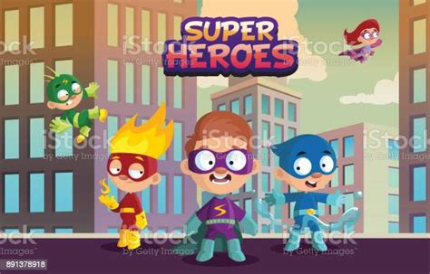 슈퍼 영웅 아이 팀 도시 배경에 화려한 슈퍼 히어로 의상 만화 벡터 일러스트 레이 션에에서 재미 있는 남자와 여자 캐릭터 놀기에 대한 스톡 벡터 아트 및 기타 이미지