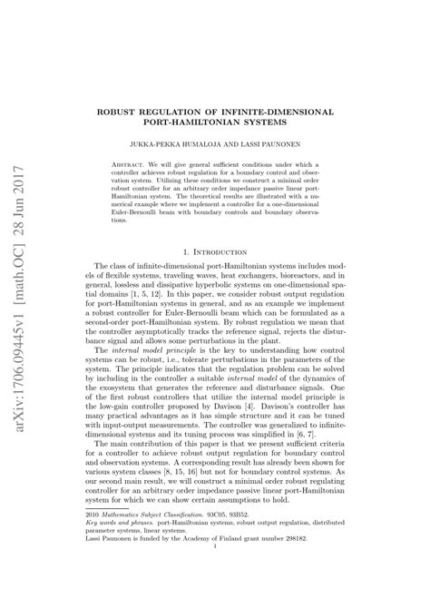 Pdf Robust Regulation Of Infinite Dimensional Port Hamiltonian Systems
