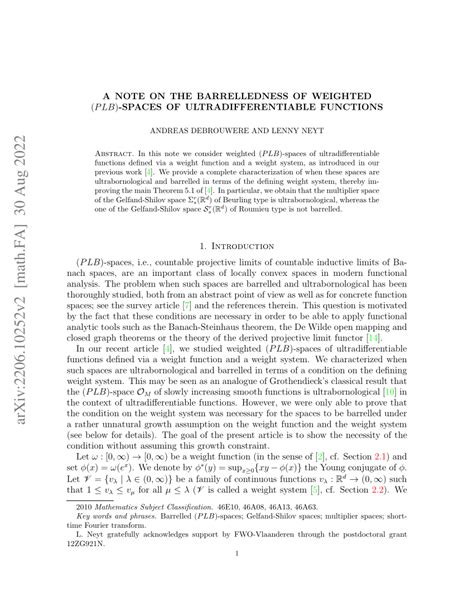 Pdf A Note On The Barrelledness Of Weighted Plb Spaces Of Ultradifferentiable Functions