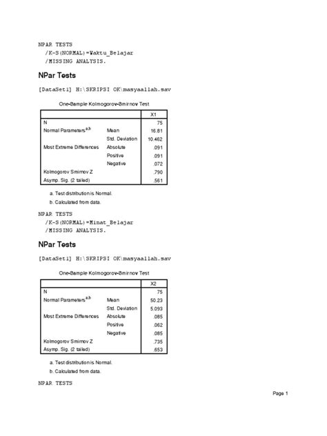 npar tests npar tests k s normal waktu belajar missing analysis pdf errors and