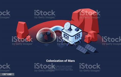 만화 3d 스타일의 개념 벡터 일러스트레이션 어두운 배경에 화성 아이디어의 식민지에 등색 구성 행성 표면에 미래 공간 개체 현대 원예 및 에너지 항목 3차원 형태에 대한