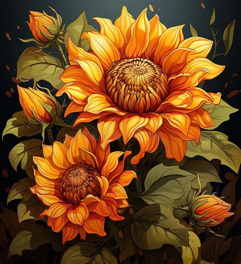 Color Drawing Of A Large Sunflower Flower Stock Illustration