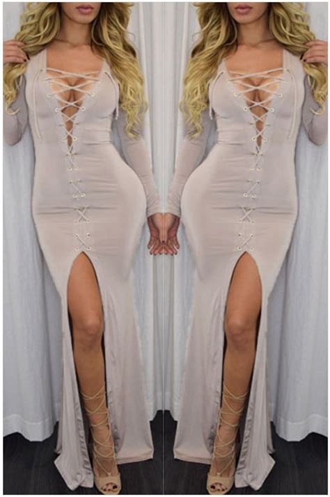 Grey V Neck Sexy Club Long Sleeve Cocktail Dresses Online Store For