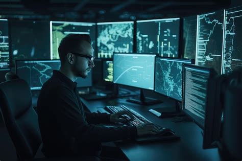 premium ai image programmer working at their computer surrounded by monitors displaying code