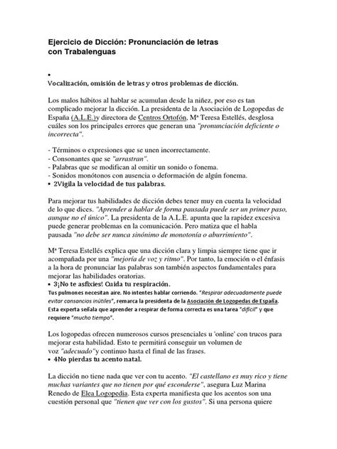 Ejercicios De Dicción Con Trabalenguas Pdf Soporte Vocal
