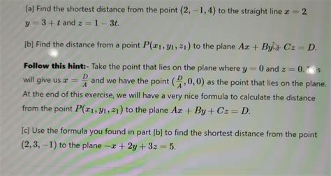 Solved A Find The Shortest Distance From The Point Chegg