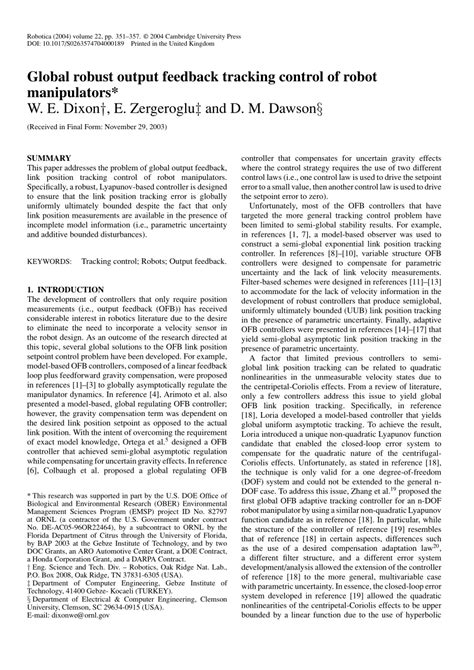Pdf Global Robust Output Feedback Tracking Control Of Robot Manipulators