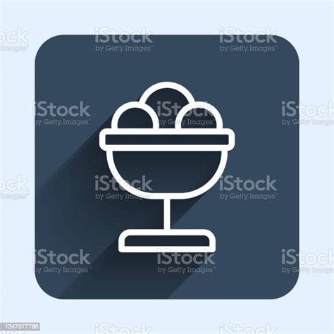긴 그림자 배경으로 고립 된 그릇 아이콘의 화이트 라인 아이스크림 달콤한 기호 파란색 정사각형 버튼 벡터 그림자에 대한 스톡 벡터 아트 및 기타 이미지 Istock
