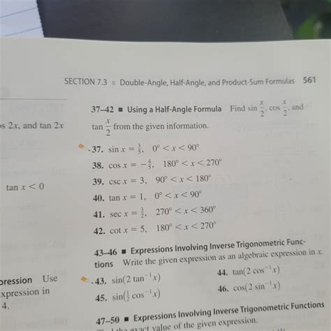 Solved 37−42 Using A Half Angle Formula Find Sin2x Cos2x