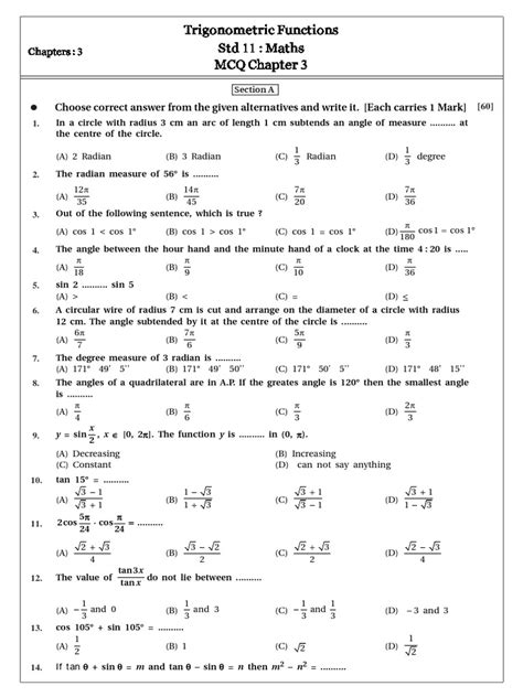 Mcq Chapter 3 Pdf Trigonometric Functions Angle