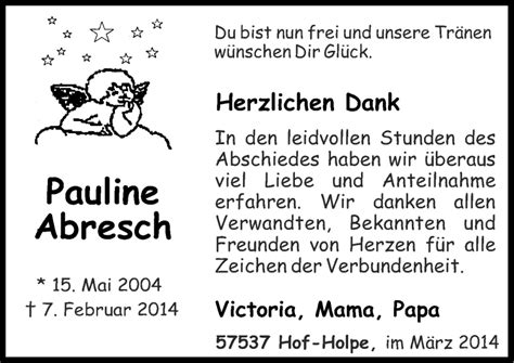 Traueranzeigen Von Pauline Abresch Rz Trauer De