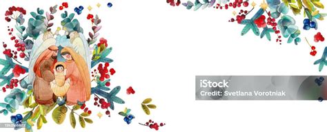 크리스마스 손으로 그린 수채화 일러스트레이션 출판물의 축제 배경 마리아 요셉 아기 예수 그리스도 천사 베들레헴의 별과 함께 하는 출생 장면 겨울 꽃 성탄화에 대한 스톡 벡터