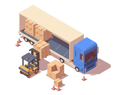 골판지 상자가있는 세미 트레일러 및 지게차 적재 팔레트 프리미엄 벡터