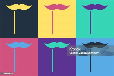 팝 아트 종이 색상 배경에 고립 된 스틱 아이콘에 콧수염 골판지 카니발 마스크 와 개념 사진 촬영을 위한 마스크 벡터 일러스트레이션 파티에 대한 스톡 벡터 아트 및 기타