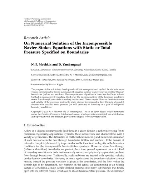 Pdf On Numerical Solution Of The Incompressible Navier Stokes Equations With Static Or Total