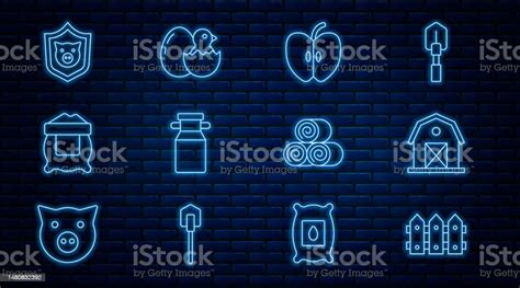 세트 라인 정원 울타리 나무 농장 집 사과 우유 캔 용기 밀가루 봉지 돼지와 방패 롤 건초 및 작은 병아리 금이 간 계란 아이콘 벡터 0명에 대한 스톡 벡터 아트 및 기타