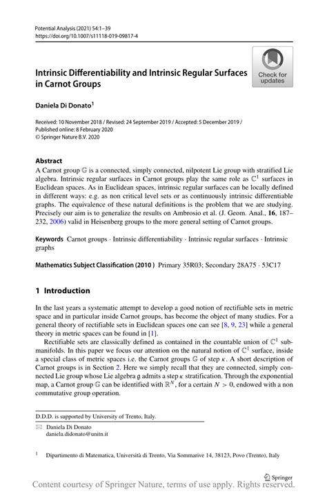 Intrinsic Differentiability And Intrinsic Regular Surfaces In Carnot Groups Request Pdf
