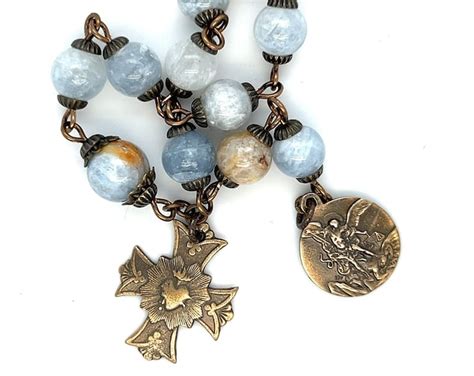 Sacred Heart St Michael Celesite Gemstone 1 Decade Bronze Tenner Rosary Immaculaterose Etsy