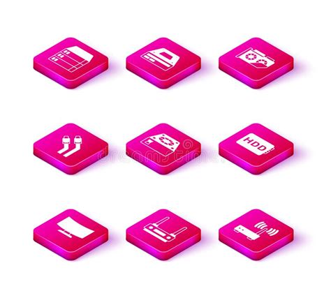 Set Computer Monitor Screen Router And Wi Fi Signal Lan Cable Network Internet Cooler Hard