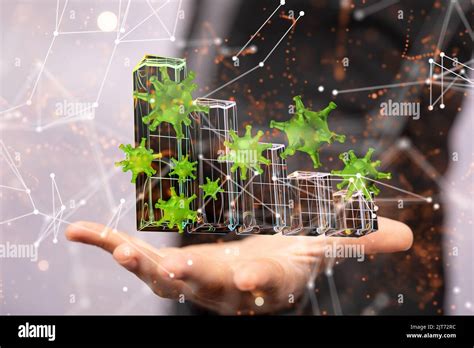 A Businessman Presenting The 3d Rendered Charts Hologram Of A Virus In A Cyberspace Network